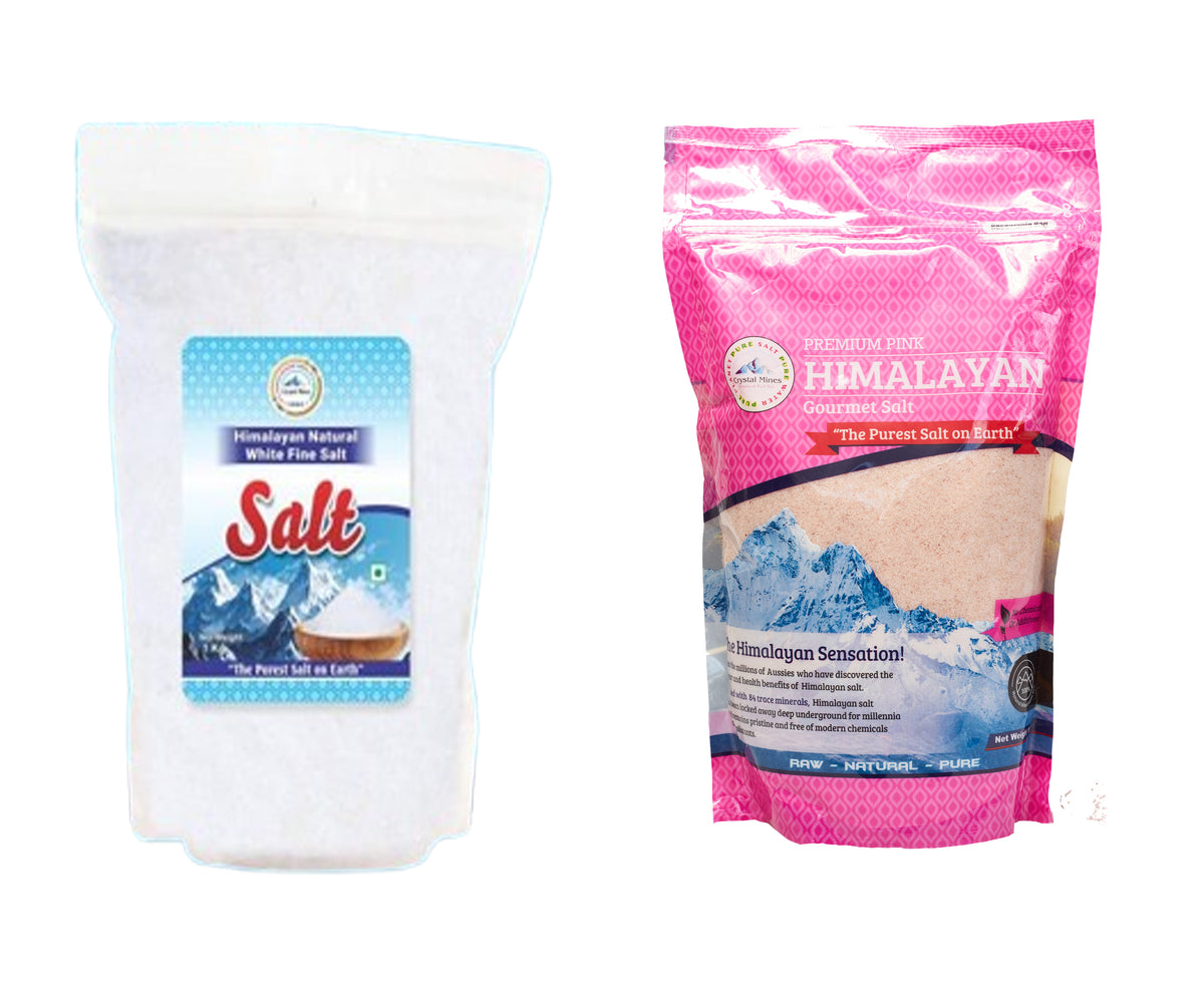 Himalayan Natural Fine White Salt + Fine Pink Salt 1kg – Crystalmines